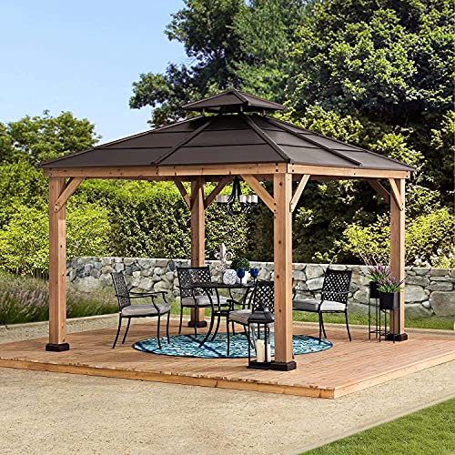 Sunjoy 11' X 11' Cedar Framed Wood Gazebo with Brown Double Steel Hardtop Roof Permanent Canopy for Garden, Backyard Shade, 11 x 11 ft-Chapman