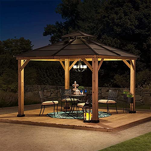 Sunjoy 11' X 11' Cedar Framed Wood Gazebo with Brown Double Steel Hardtop Roof Permanent Canopy for Garden, Backyard Shade, 11 x 11 ft-Chapman