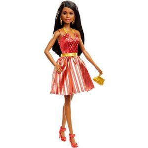 barbie holiday doll, red and gold dress, brunette