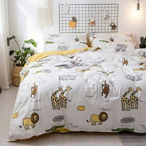 blueblue safari kids duvet cover set 100% cotton bedding for boys girls teens single bed cartoon lion elephant giraffe monkey crocodile pattern cream white 1 comforter cover 2 pillowcase (twin, zoo)