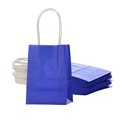 Small Blue Paper Bag with Handle 6x4.5x2.5 inch for Wedding Birthday Baby Shower Recycled Bag, Pack of 24