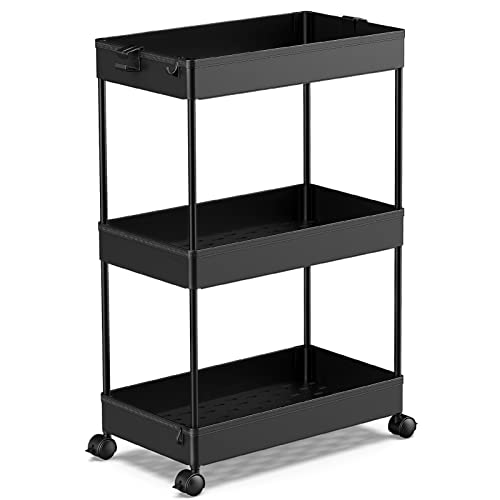 SPACEKEEPER Storage Rolling Cart 3 Tier, Laundry Room Organization Bathroom Cart Organizer Utility Mobile Shelving Unit Multi-Functional Shelves for Office, Kitchen, Black