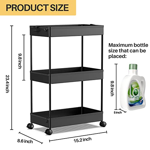 SPACEKEEPER Storage Rolling Cart 3 Tier, Laundry Room Organization Bathroom Cart Organizer Utility Mobile Shelving Unit Multi-Functional Shelves for Office, Kitchen, Black