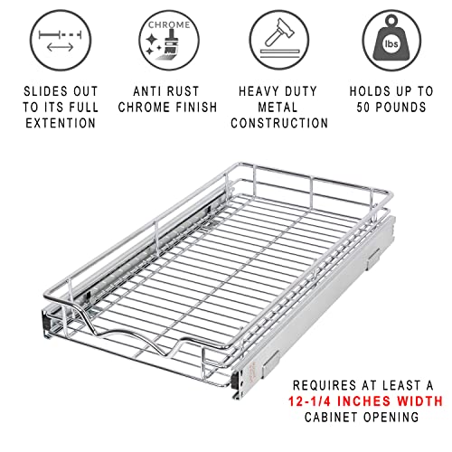 HOLD N' STORAGE Pull Out Cabinet Organizer, Heavy Duty-with Lifetime Limited Warranty -11”W x 21”D - Requires At Least a 12-1/4” Cabinet Opening, Steel Metal cabinet drawers slide out, Chrome Finish