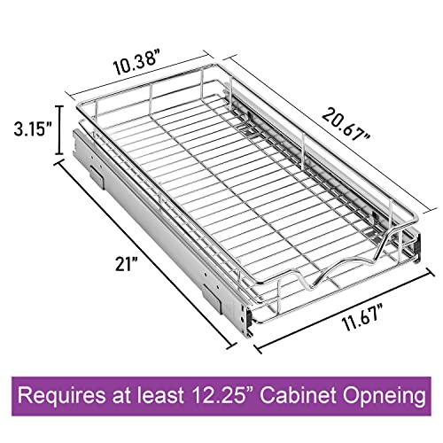 HOLD N' STORAGE Pull Out Cabinet Organizer, Heavy Duty-with Lifetime Limited Warranty -11”W x 21”D - Requires At Least a 12-1/4” Cabinet Opening, Steel Metal cabinet drawers slide out, Chrome Finish