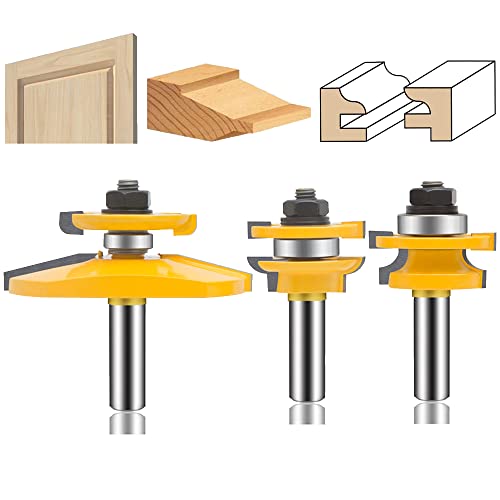 LEATBUY 3 PCS Router Bit Set 1/2-Inch Shank, Round Over Raised Panel Cabinet Door Ogee Rail and Stile Router Bits, Woodworking Wood Cutter, Carbide CNC Router(1/2-Double)