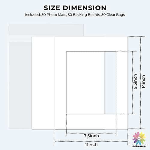 Mat Board Center, Pack of 50, 11x14 for 8x10 - White Mats, Clear Bags, Backing Boards - Acid Free, 4-ply Thickness, White Core - for Pictures, Photos, Framing