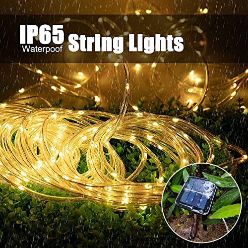 Solar Rope Light 33FT 100L IP65 Waterproof Outdoor LED Copper Fairy String Tube Lights for Party Garden Porch Yard Home Wedding Christmas Halloween Holiday Tree Decoration Lighting (Warm White)