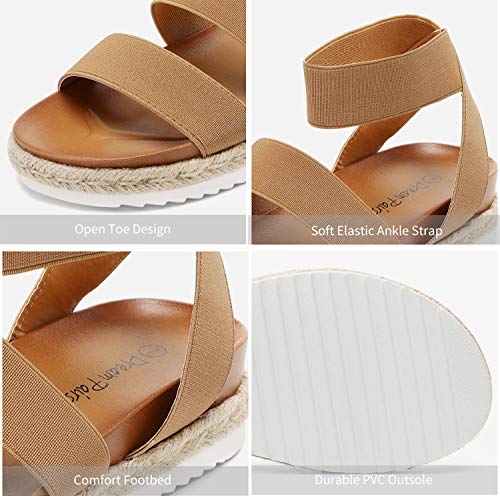 DREAM PAIRS Women's Open Toe Elastica Ankle Strap Espadrille Dressy Flatform Wedge Sandals Elastic Ankle Strap Platform Sandals, Jimmie, Camel, Size 7