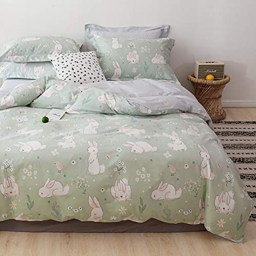 BlueBlue Rabbit Kids Duvet Cover Set, 100% Cotton Bedding for Boys Girls Teens Single Bed, Cartoon White Rabbit Flower Pattern Print on Light Green, 1 Comforter Cover 2 Pillowcase (Twin, Cute Rabbit)