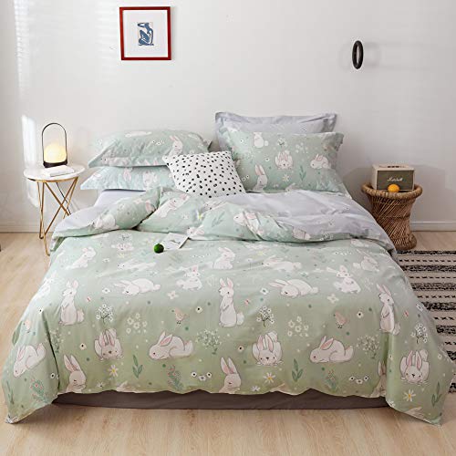 BlueBlue Rabbit Kids Duvet Cover Set, 100% Cotton Bedding for Boys Girls Teens Single Bed, Cartoon White Rabbit Flower Pattern Print on Light Green, 1 Comforter Cover 2 Pillowcase (Twin, Cute Rabbit)