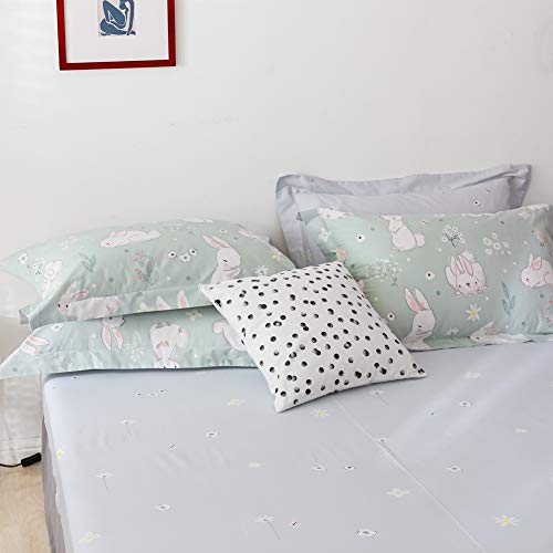 BlueBlue Rabbit Kids Duvet Cover Set, 100% Cotton Bedding for Boys Girls Teens Single Bed, Cartoon White Rabbit Flower Pattern Print on Light Green, 1 Comforter Cover 2 Pillowcase (Twin, Cute Rabbit)