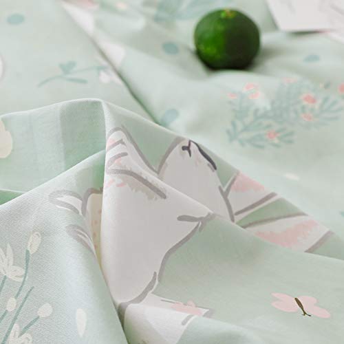 BlueBlue Rabbit Kids Duvet Cover Set, 100% Cotton Bedding for Boys Girls Teens Single Bed, Cartoon White Rabbit Flower Pattern Print on Light Green, 1 Comforter Cover 2 Pillowcase (Twin, Cute Rabbit)