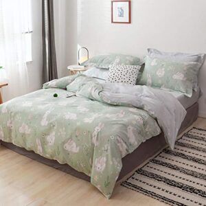 BlueBlue Rabbit Kids Duvet Cover Set, 100% Cotton Bedding for Boys Girls Teens Single Bed, Cartoon White Rabbit Flower Pattern Print on Light Green, 1 Comforter Cover 2 Pillowcase (Twin, Cute Rabbit)