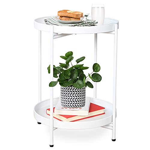 FUNME White Folding End Table 2-Tier Metal Round Side Table with Removable Tray for Living Room,(15.2”Dx20”H)