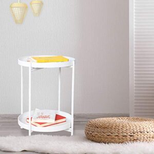 FUNME White Folding End Table 2-Tier Metal Round Side Table with Removable Tray for Living Room,(15.2”Dx20”H)