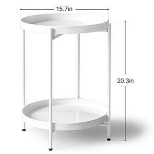 FUNME White Folding End Table 2-Tier Metal Round Side Table with Removable Tray for Living Room,(15.2”Dx20”H)