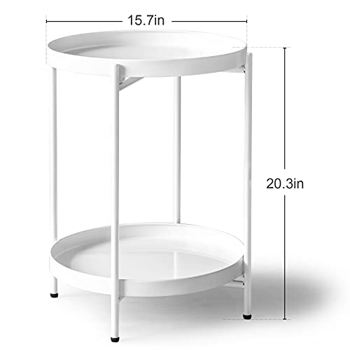 FUNME White Folding End Table 2-Tier Metal Round Side Table with Removable Tray for Living Room,(15.2”Dx20”H)