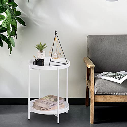 FUNME White Folding End Table 2-Tier Metal Round Side Table with Removable Tray for Living Room,(15.2”Dx20”H)