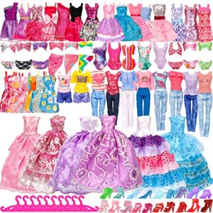 50 pcs doll clothes and accessories, 5 wedding gowns 5 fashion dresses 4 slip dresses 3 tops 3 pants 3 bikini swimsuits 20 shoes for 11.5 inch doll christmas stocking stuffers girls gift age 5-7 8-10