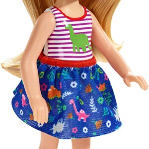 Barbie Club Chelsea Doll, 6-inch Blonde with Dinosaur-Themed Look, (GMR96)