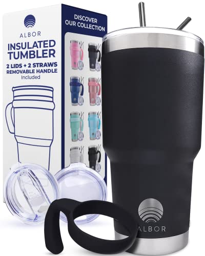 ALBOR Insulated Tumbler with Lid and Straw - 30 oz Insulated Coffee Mug with Handle, Travel Coffee Mug, Triple Insulated Technology with 2 Lids, 2 Metal Straw, Brush and Storage Bag, Black