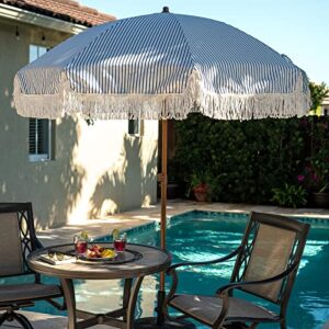 AMMSUN 7ft Patio Umbrella with Fringe Outdoor Tassel Umbrella UPF50+ Premium Steel Pole and Ribs Push Button Tilt,Navy Blue Stripes