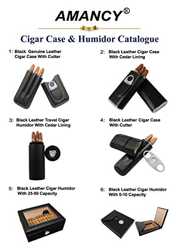 AMANCY Premium Handy Black Leather Travel Cigar Humidor Case with Accessory Pocket , Conveniently Carry Lighter and Cutter