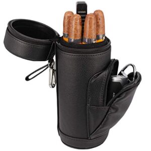 AMANCY Premium Handy Black Leather Travel Cigar Humidor Case with Accessory Pocket , Conveniently Carry Lighter and Cutter