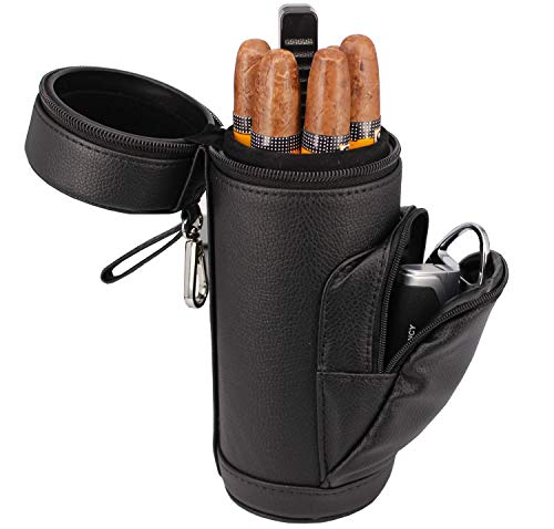 AMANCY Premium Handy Black Leather Travel Cigar Humidor Case with Accessory Pocket , Conveniently Carry Lighter and Cutter