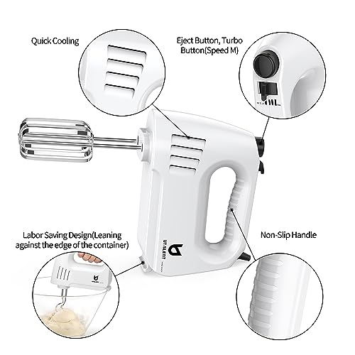 UTALENT Multi-speed Hand Mixer, Electric with Easy Eject Turbo Button and 5 Attachments, 180W (Beaters, Dough Hooks, and Whisk)