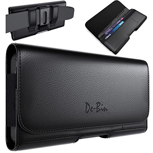 DeBin Holster for iPhone 15, 15 Pro, 14, 14 Pro, 13, 13 Pro, 12, 12 Pro, 11, Xs, X, 10 Cell Phone Belt Holder Case with Built in ID Card Pouch Cover (Fits Phones with Protective Cases on) Medium Black