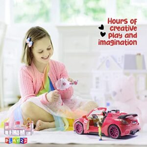 Play22 Pink Convertible 2-Seater Vehicle Doll Accessories with Lights and Sounds 10 Pc - Car for Dolls Set - Toy Car Includes Helicopter Doll, 2 Figurines, Dining Table Set - Great Gift