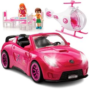 Play22 Pink Convertible 2-Seater Vehicle Doll Accessories with Lights and Sounds 10 Pc - Car for Dolls Set - Toy Car Includes Helicopter Doll, 2 Figurines, Dining Table Set - Great Gift