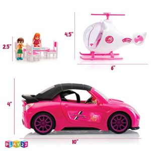 Play22 Pink Convertible 2-Seater Vehicle Doll Accessories with Lights and Sounds 10 Pc - Car for Dolls Set - Toy Car Includes Helicopter Doll, 2 Figurines, Dining Table Set - Great Gift