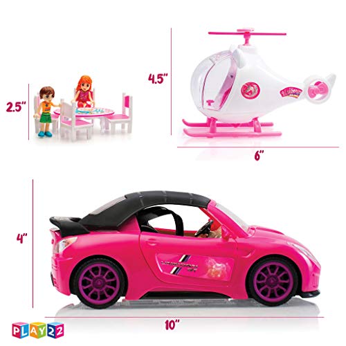 Play22 Pink Convertible 2-Seater Vehicle Doll Accessories with Lights and Sounds 10 Pc - Car for Dolls Set - Toy Car Includes Helicopter Doll, 2 Figurines, Dining Table Set - Great Gift