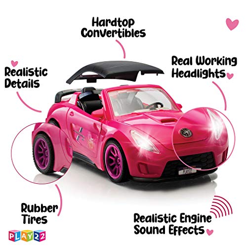 Play22 Pink Convertible 2-Seater Vehicle Doll Accessories with Lights and Sounds 10 Pc - Car for Dolls Set - Toy Car Includes Helicopter Doll, 2 Figurines, Dining Table Set - Great Gift