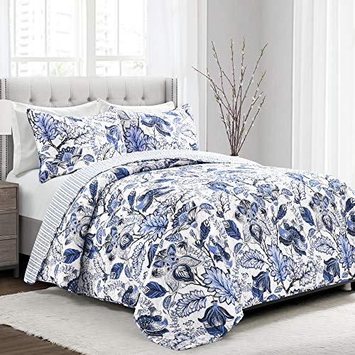 Lush Decor Cynthia Jacobean Quilt 3 Piece Reversible Bedding Set, King, Blue