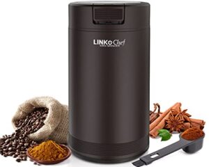 coffee grinder with brush, linkchef 200w spice grinder with stainless steel blade for seed bean nut herb pepper & grain, lid activated safety switch, brown, cg-8420