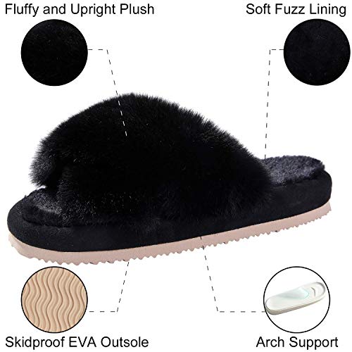 Comwarm Women's Cross Band Fuzzy Slippers Fluffy Open Toe House Slippers Cozy Plush Bedroom Shoes Indoor Outdoor, Black Size 7-8