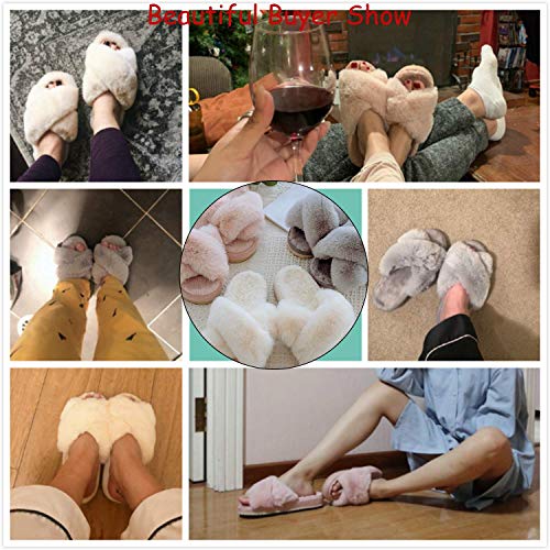 Comwarm Women's Cross Band Fuzzy Slippers Fluffy Open Toe House Slippers Cozy Plush Bedroom Shoes Indoor Outdoor, Black Size 7-8