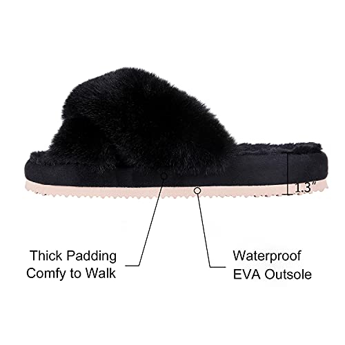 Comwarm Women's Cross Band Fuzzy Slippers Fluffy Open Toe House Slippers Cozy Plush Bedroom Shoes Indoor Outdoor, Black Size 7-8