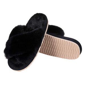 Comwarm Women's Cross Band Fuzzy Slippers Fluffy Open Toe House Slippers Cozy Plush Bedroom Shoes Indoor Outdoor, Black Size 7-8