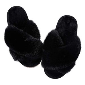 Comwarm Women's Cross Band Fuzzy Slippers Fluffy Open Toe House Slippers Cozy Plush Bedroom Shoes Indoor Outdoor, Black Size 7-8