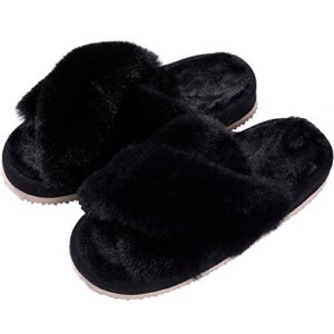 Comwarm Women's Cross Band Fuzzy Slippers Fluffy Open Toe House Slippers Cozy Plush Bedroom Shoes Indoor Outdoor, Black Size 7-8