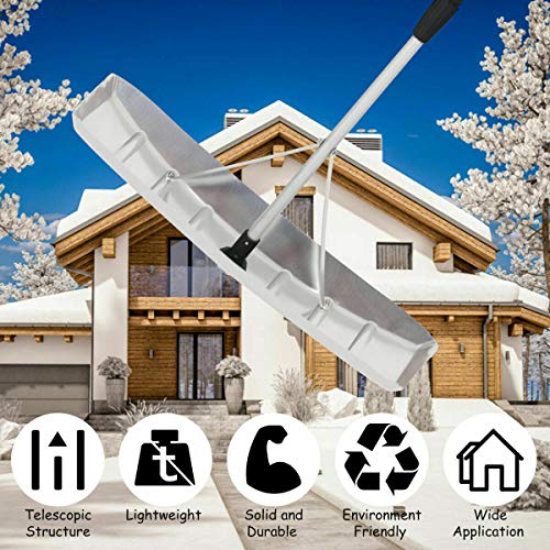 GYMAX Roof Rake,21ft Aluminum Snow Roof Rake with Twist-n-Lock Telescoping Handle & Big Blade, Extendable Roof Shovel for Snow Removal, Wet Leaf, Dribs (Silver)