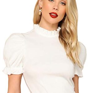 Floerns Women's Casual Frill Mock Neck Short Puff Sleeve Keyhole Back Work Office Blouse A White L