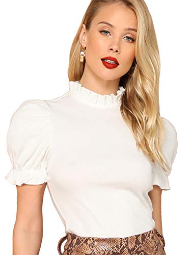 Floerns Women's Casual Frill Mock Neck Short Puff Sleeve Keyhole Back Work Office Blouse A White L