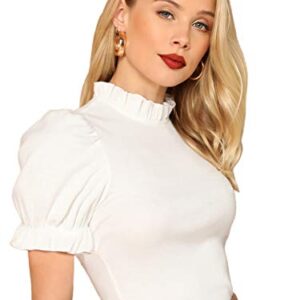 Floerns Women's Casual Frill Mock Neck Short Puff Sleeve Keyhole Back Work Office Blouse A White L