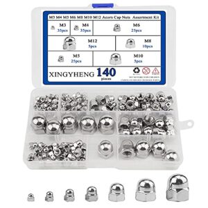 xingyheng 140pcs 7kinds 304 stainless steel m3 m4 m5 m6 m8 m10 m12 acorn cap nut decorative hex cap dome nuts assortment kit